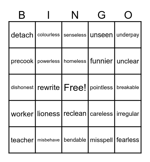 Prefixes and Suffixes Bingo Card