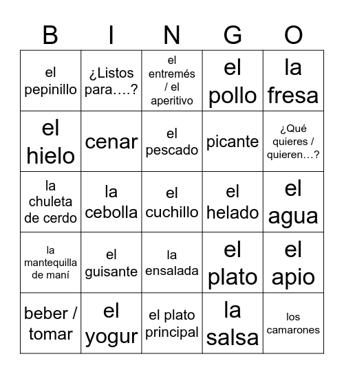 Español 2: Comida y Restaurantes Bingo Card
