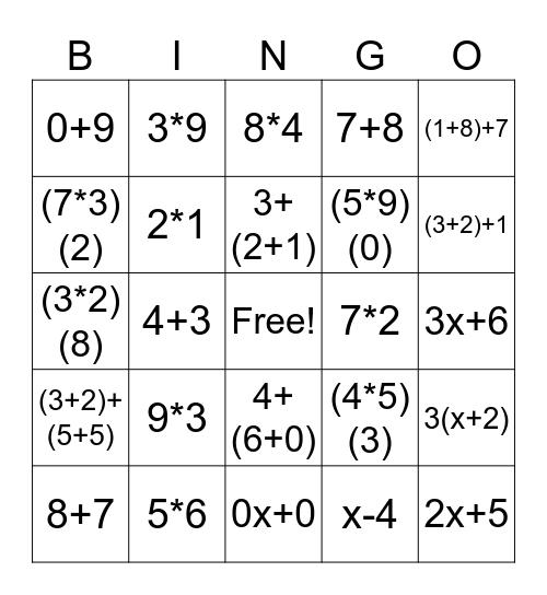 Properties Bingo Card