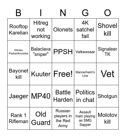 Frontline: Karelia 40 - 44 Bingo Card