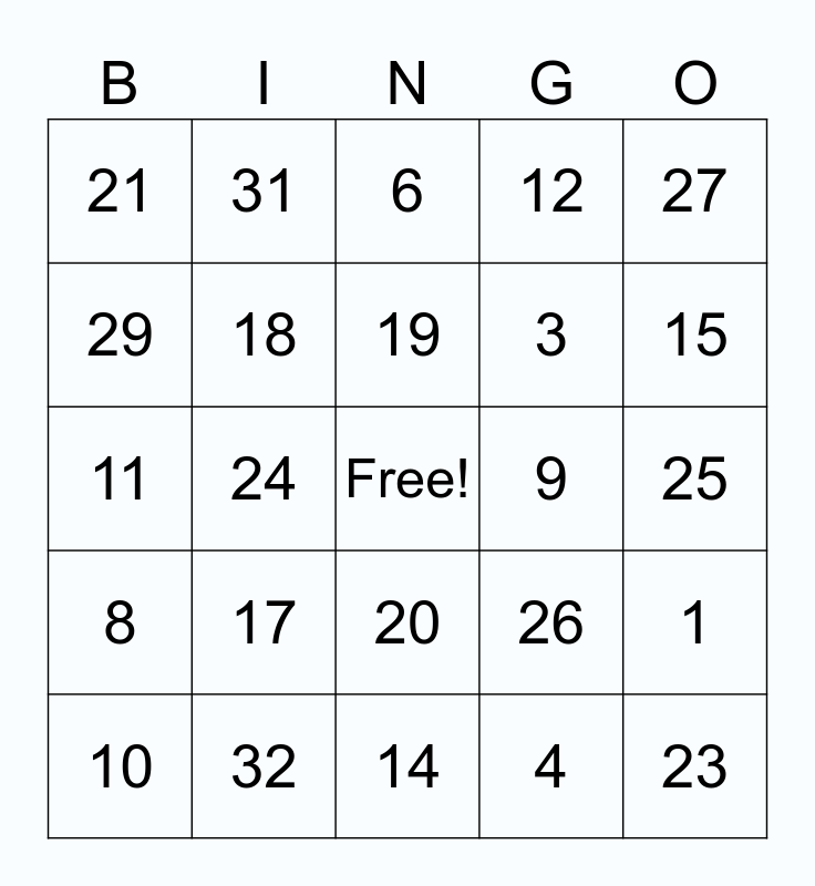 Tooth Numbers Bingo Card