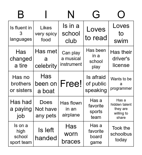 Meet your Classmates BINGO Card