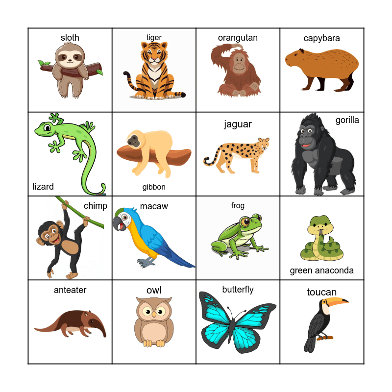 RAINFOREST ANIMALS Bingo Card