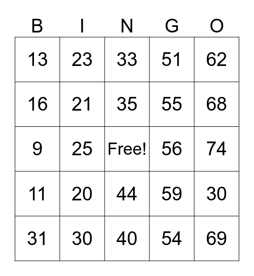 Number Bingo 1-31 Bingo Card
