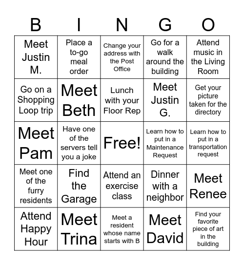 New Resident Bingo Card