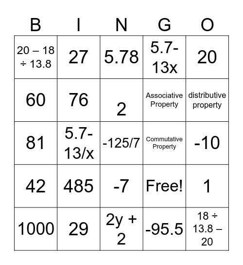 Expressions Bingo Card