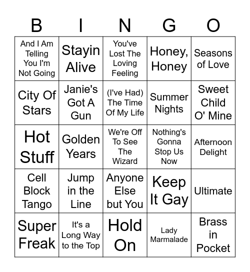 Musical Numbers In Movies Bingo Card