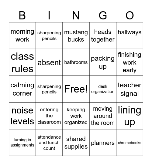 Procedures Bingo Card