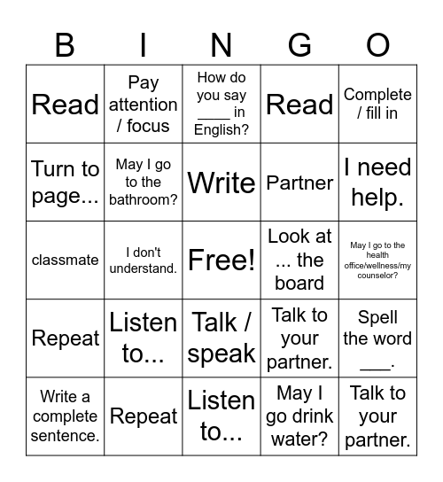 Classroom Words & Phrases Bingo Card