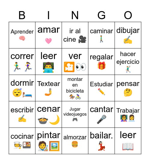Verbos en infinitivo Bingo Card