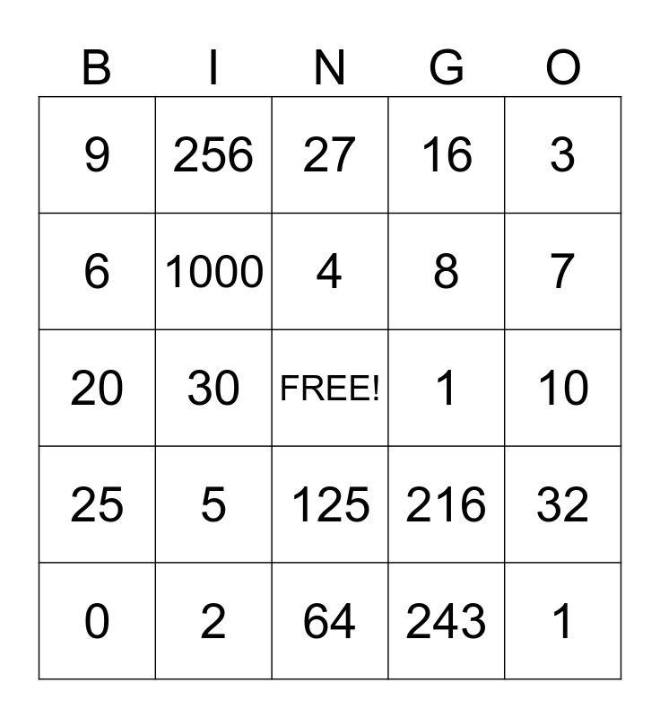 Rational Exponents Bingo Card