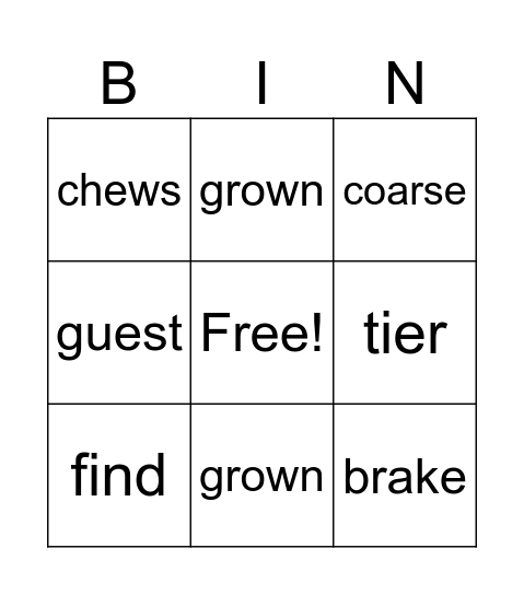 Homophone Bingo Card