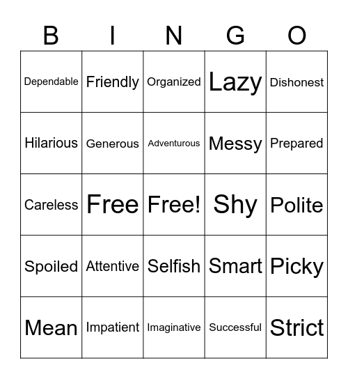 Character Traits Bingo Card