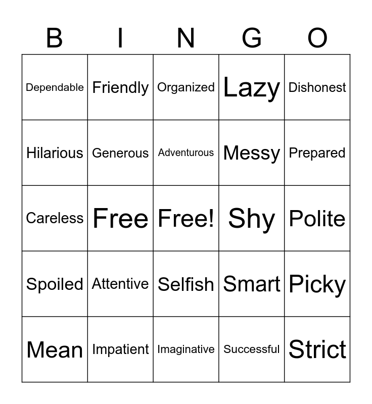 Character Traits Bingo Card