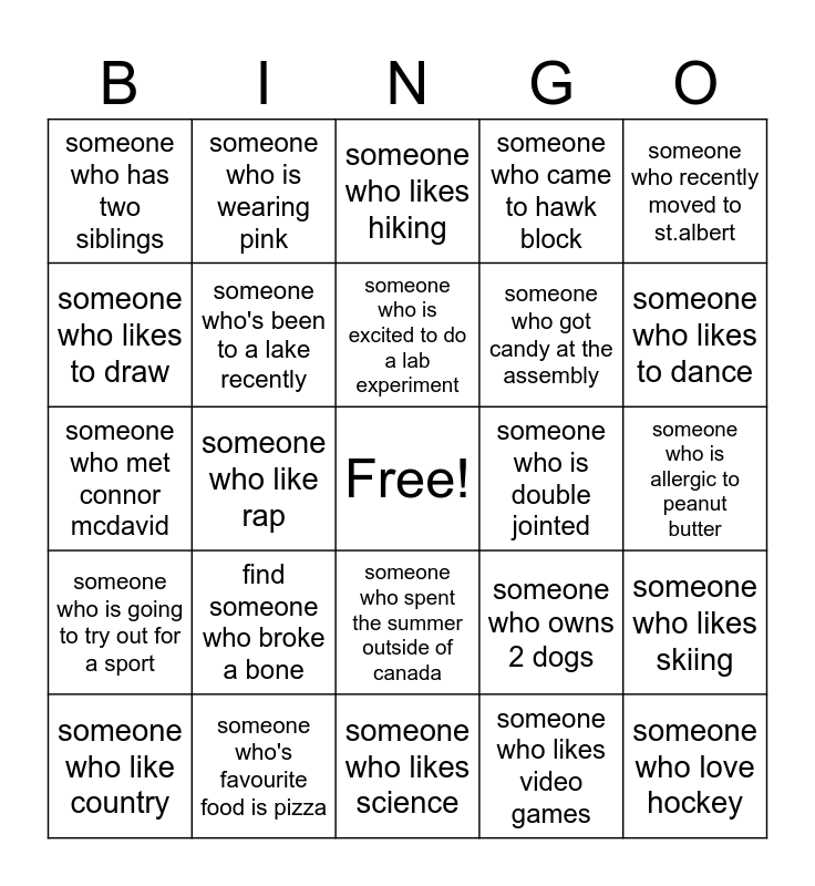 Find a Friend Bingo Card