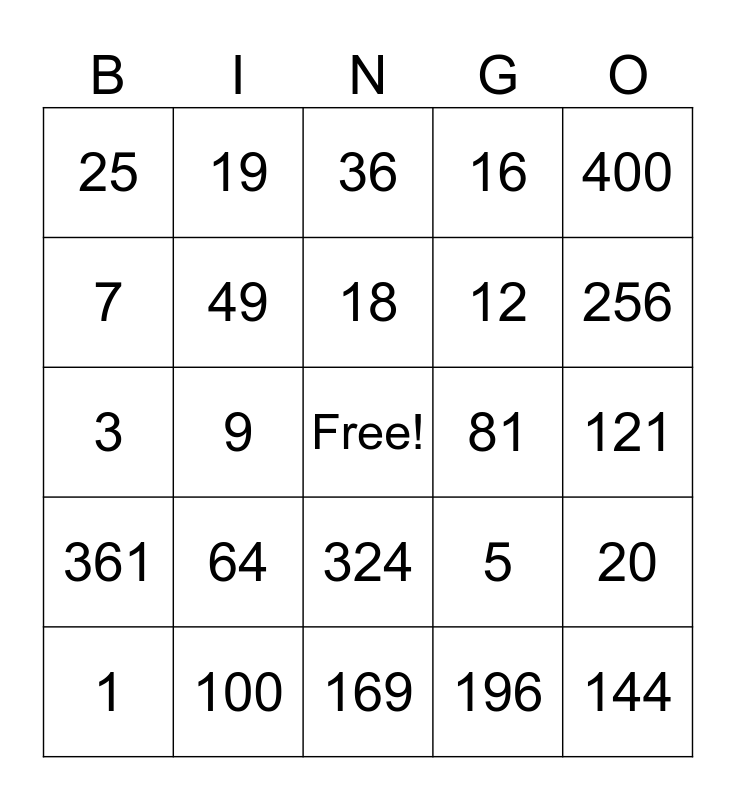Perfect Squares Bingo Card