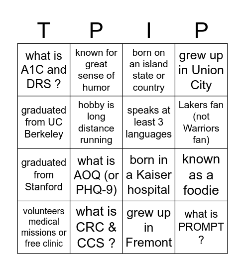 ED docs ! gotta find an AFM friend, to win Bingo Card