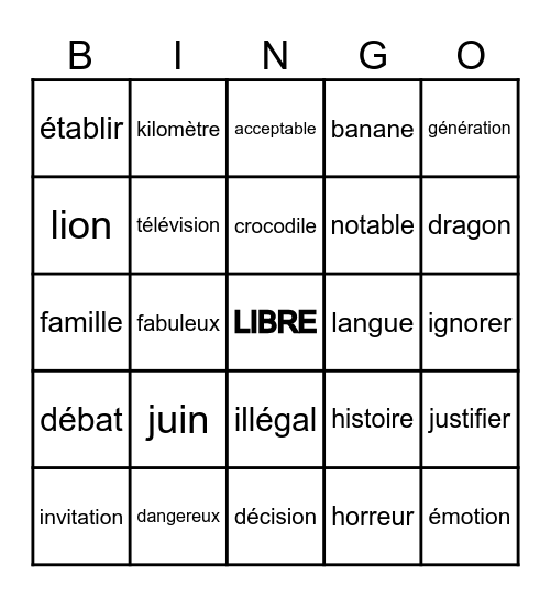 Les mots apparants Bingo Card