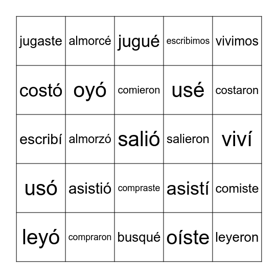 Verbos regulares en el pretérito Bingo Card