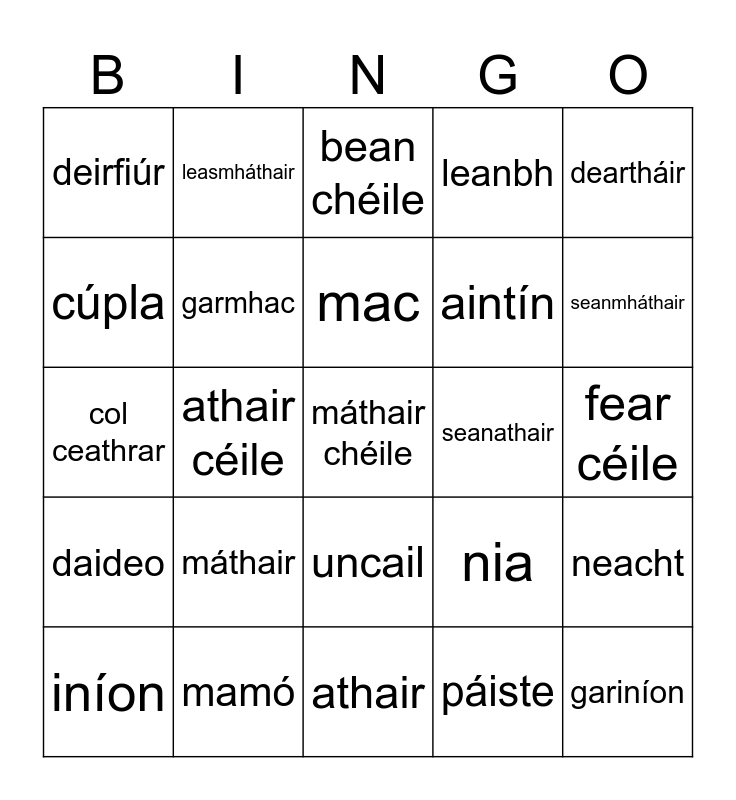 An Teaghlach Bingo Card