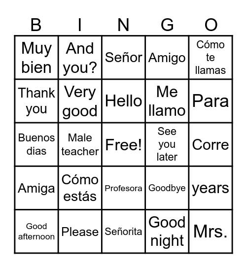 Greetings, Introductions, Farewells, Verbs, & Other Bingo Card