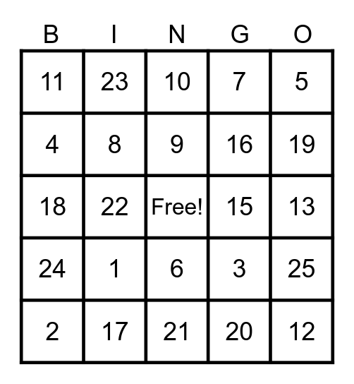 Numbers 1-25 Bingo Card