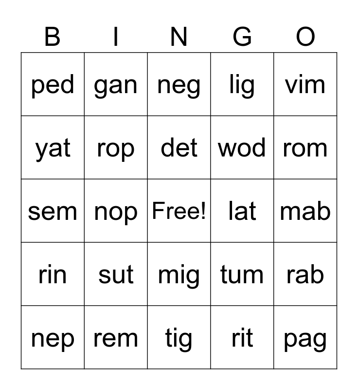 Short Vowel Nonsense Words #1 Bingo Card