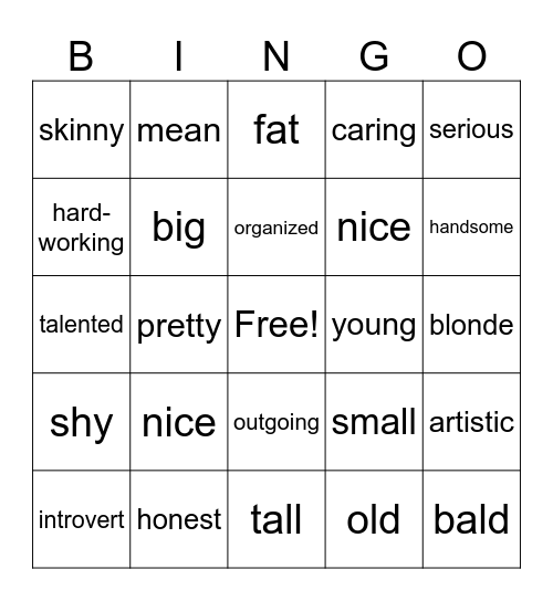 Adjectives Bingo Card