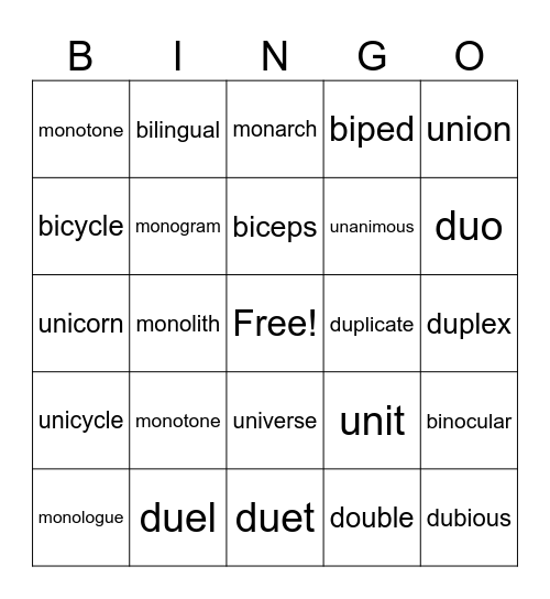 Root Words: monos, unus, duo and bi Bingo Card