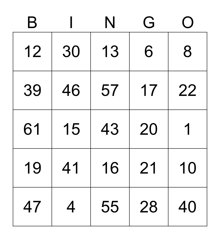 Nombre 0-69 Bingo Card