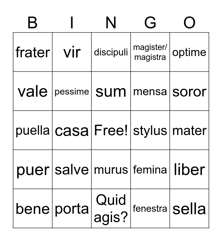 Latin Bingo Chapters 1-8 Bingo Card