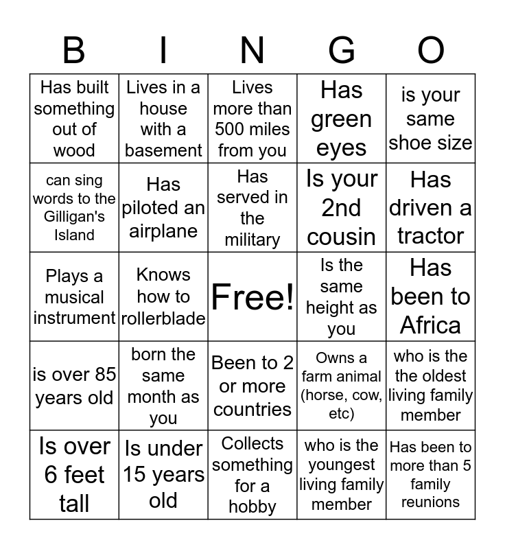 Taylor Jessup Family Bingo Card