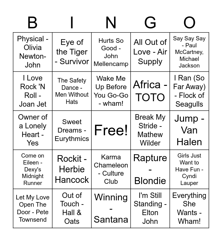 Music Bingo 80's Edition #1 Bingo Card