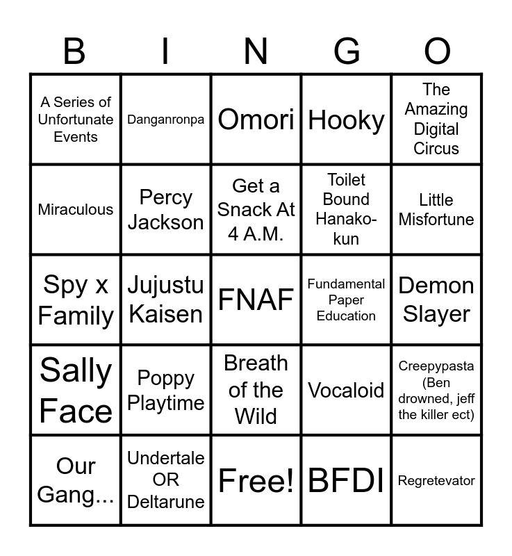 My past (and present) hyperfixations bingo ! Bingo Card