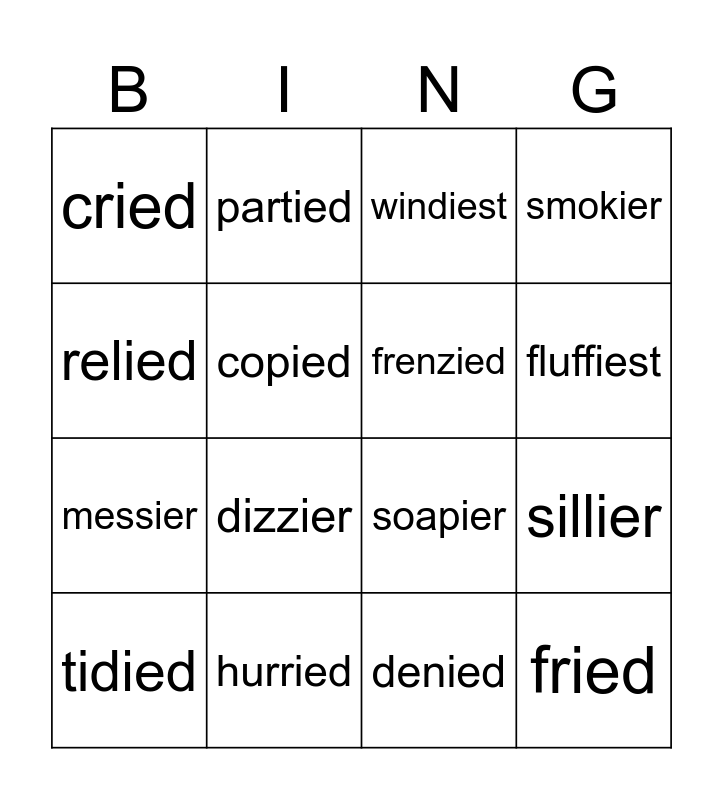 Add suffixes to words ending in y Bingo Card