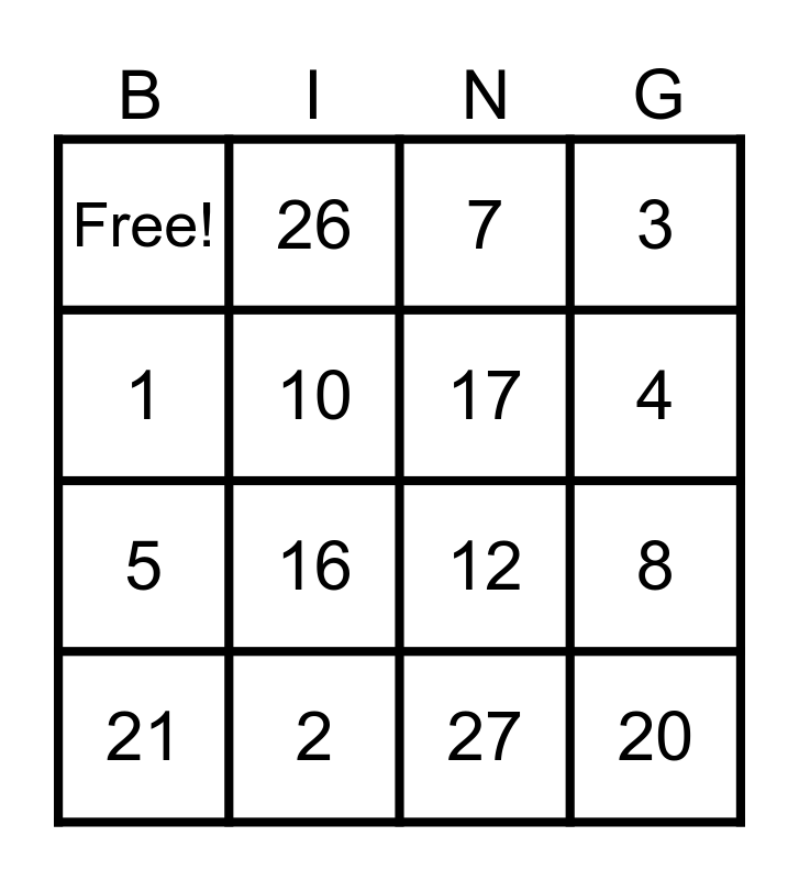 Number Bingo 0-30 Bingo Card
