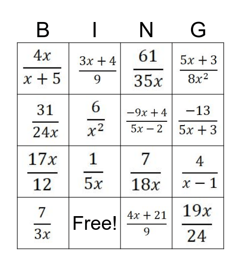 Adding & Subtraction Rational Expressions BINGO Card