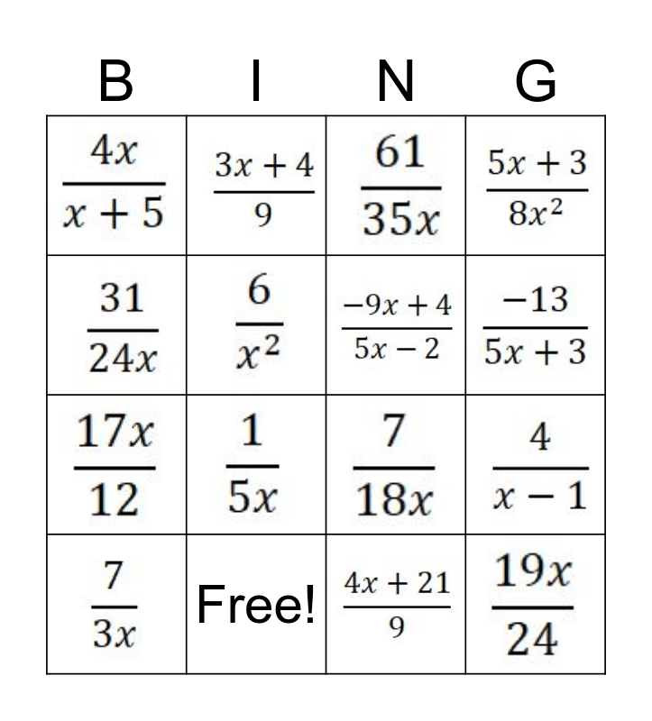 Adding & Subtraction Rational Expressions BINGO Card