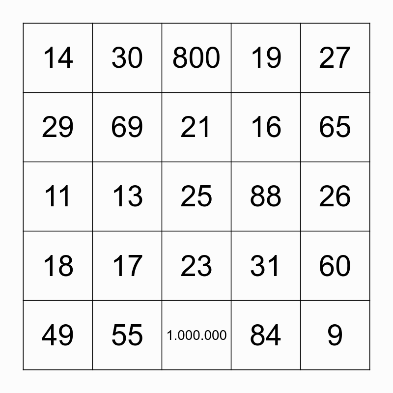 Nombres 1 à 1.000.000 Bingo Card