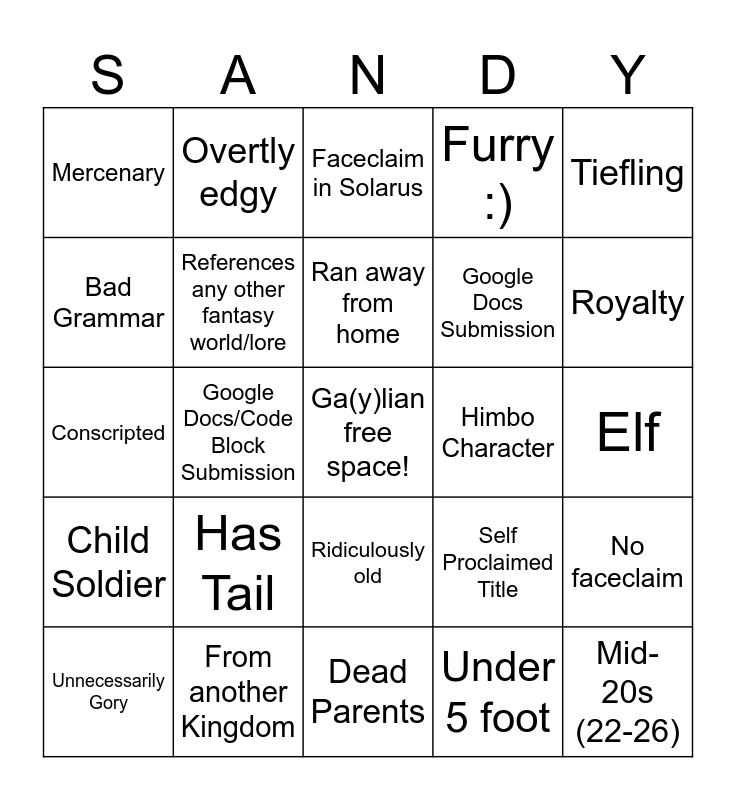 Gailian OC Bingo Card