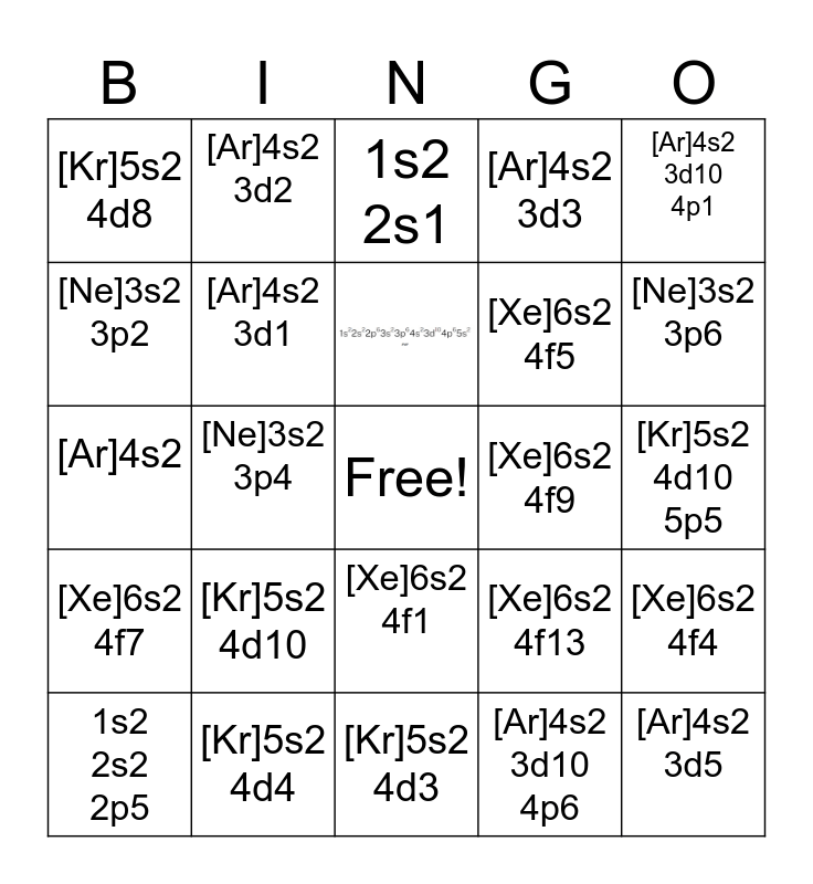 Electron Configuration Bingo Card