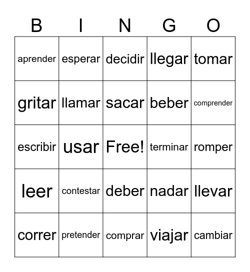 Spanish Infinitives Bingo Card