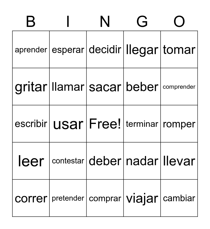 Spanish Infinitives Bingo Card