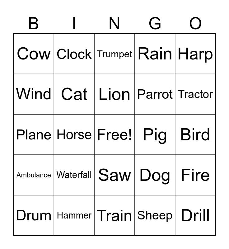 Name that sound Bingo Card