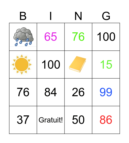 Nombres, couleurs et objets Bingo Card