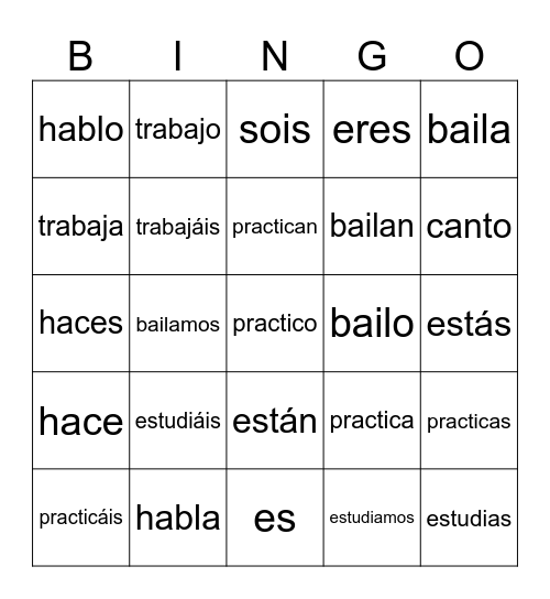 Verb Conjugation Bingo Card