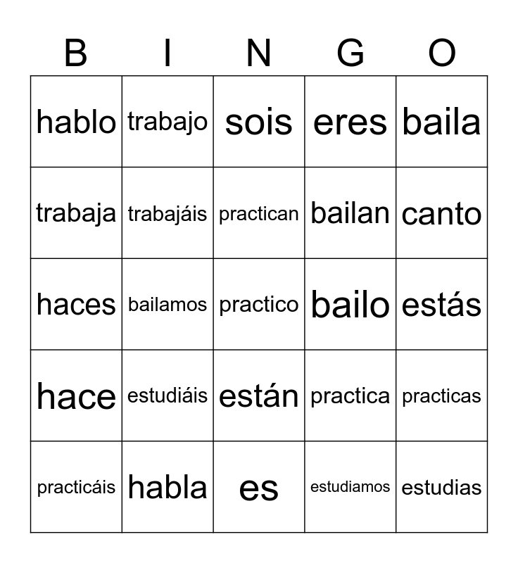 Verb Conjugation Bingo Card