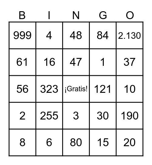 Los Números Bingo Card
