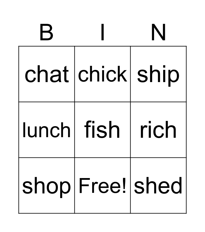 Digraphs Bingo Card