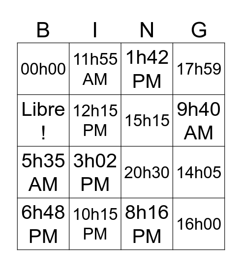 L'heure officielle et conversationnelle Bingo Card